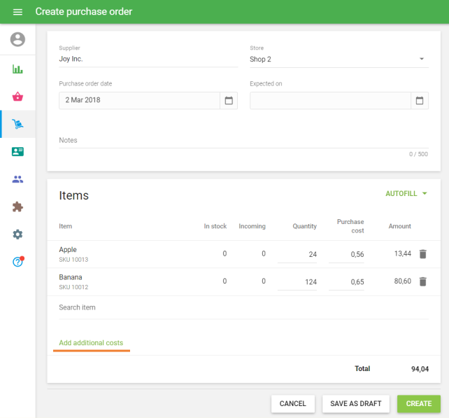 How to Work with Additional Costs in the Purchase Orders | Loyverse ...